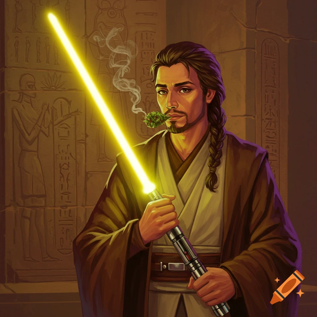 Illustration of a Jedi Knight holding a yellow lightsaber and smoking a ...
