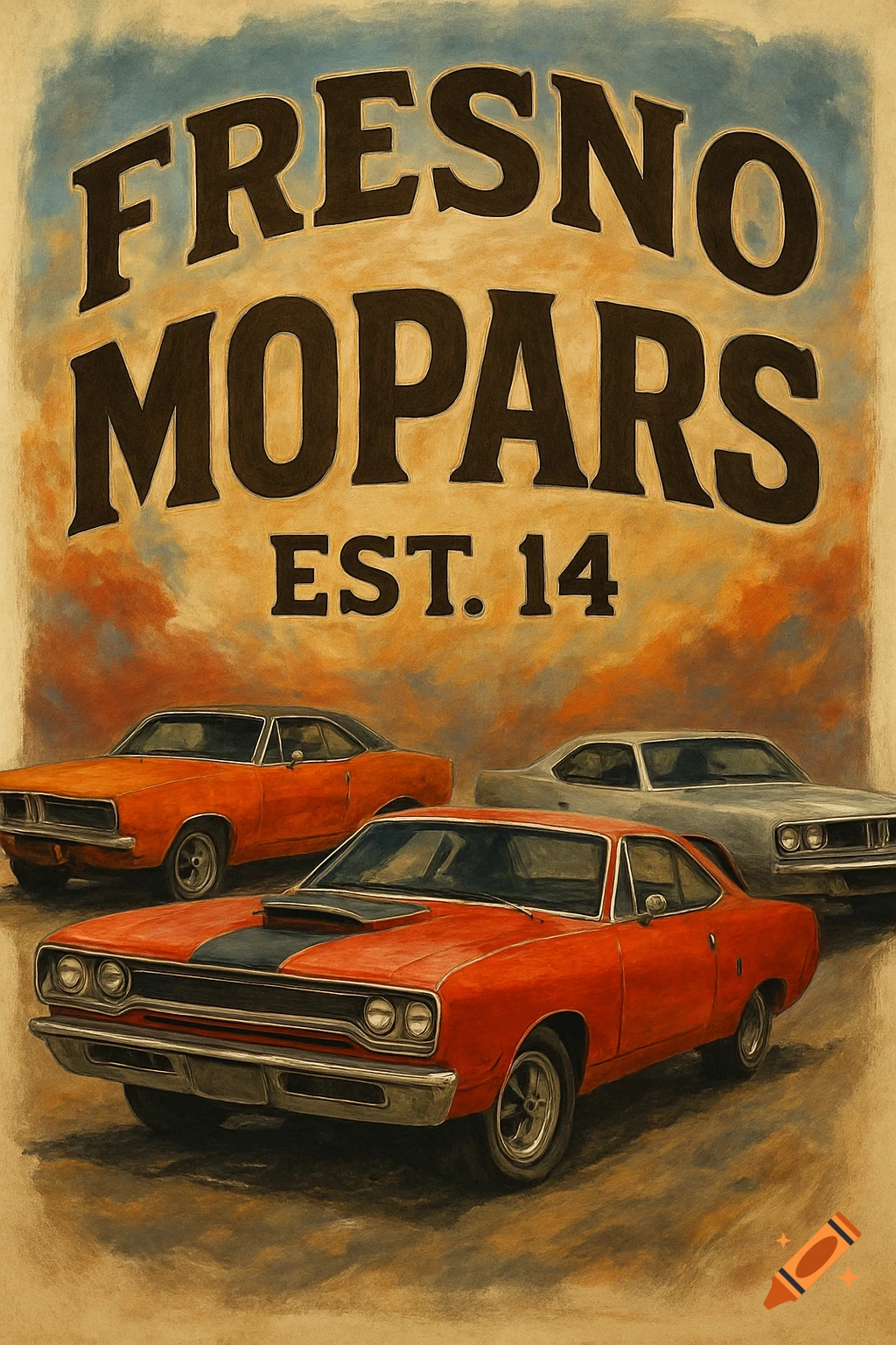 Vintage poster art of classic Mopar cars with 'Fresno Mopars EST. 14 ...