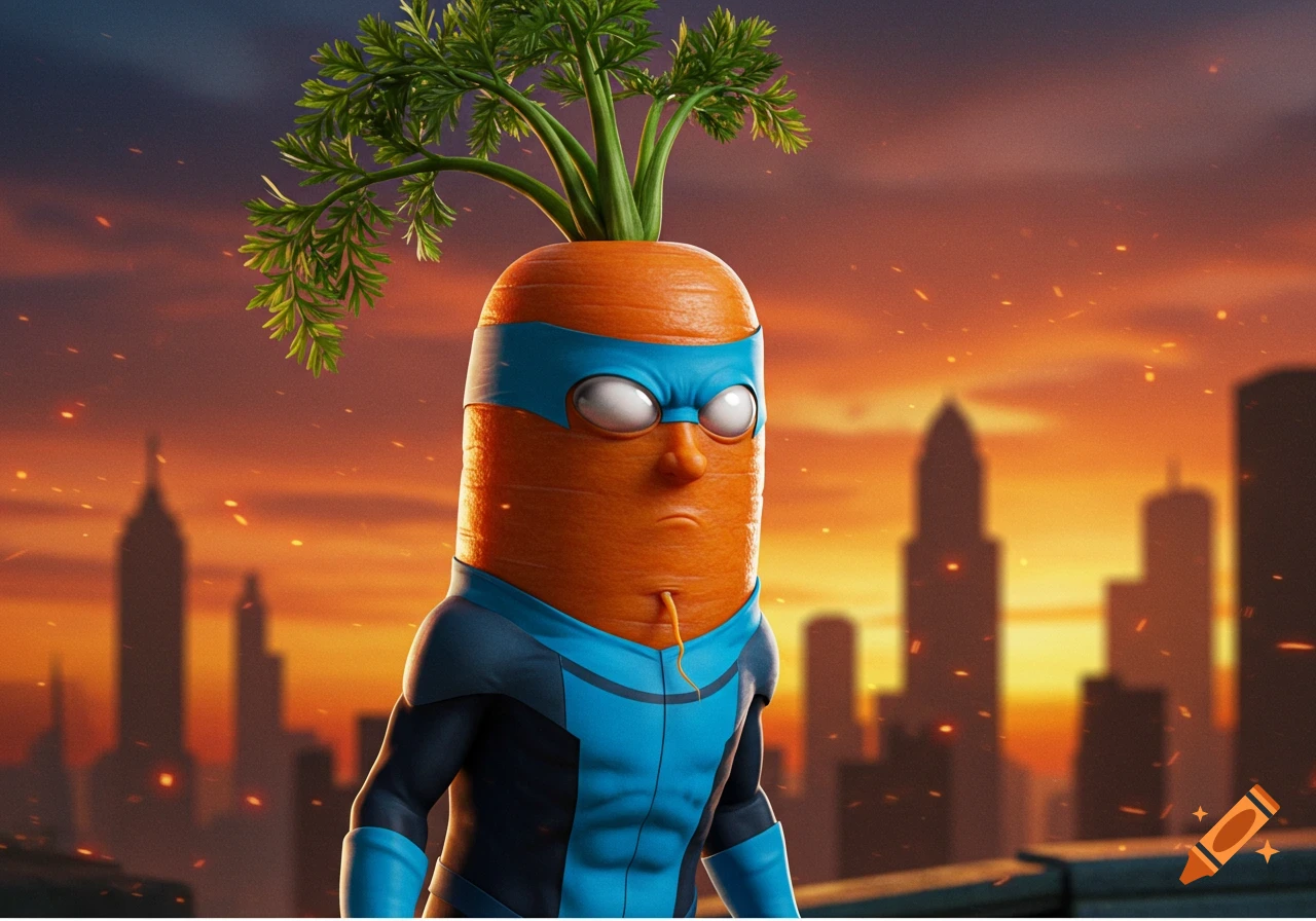 A carrot dressed as a superhero standing against a city skyline at ...