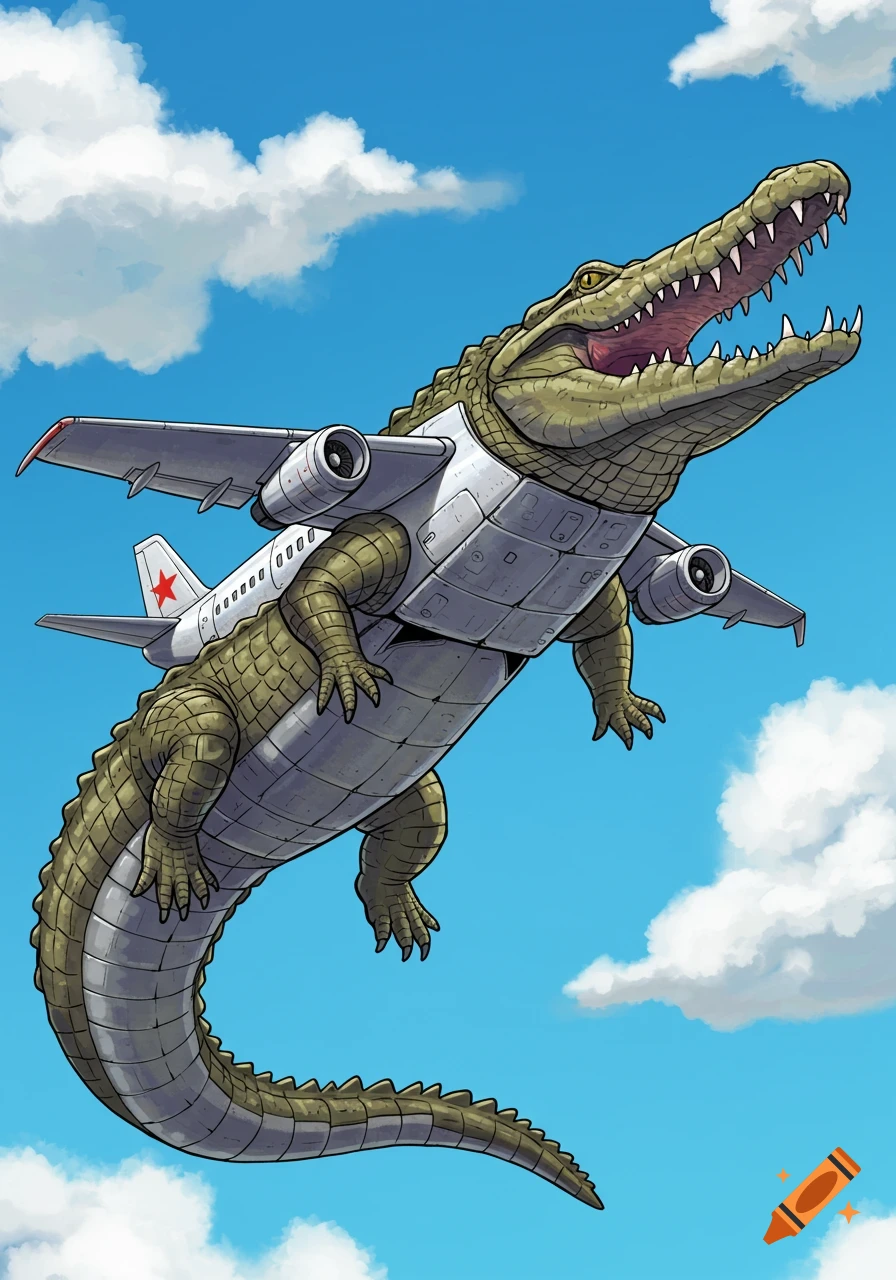 Illustration of a crocodile flying with airplane wings in a blue sky with clouds. on Craiyon