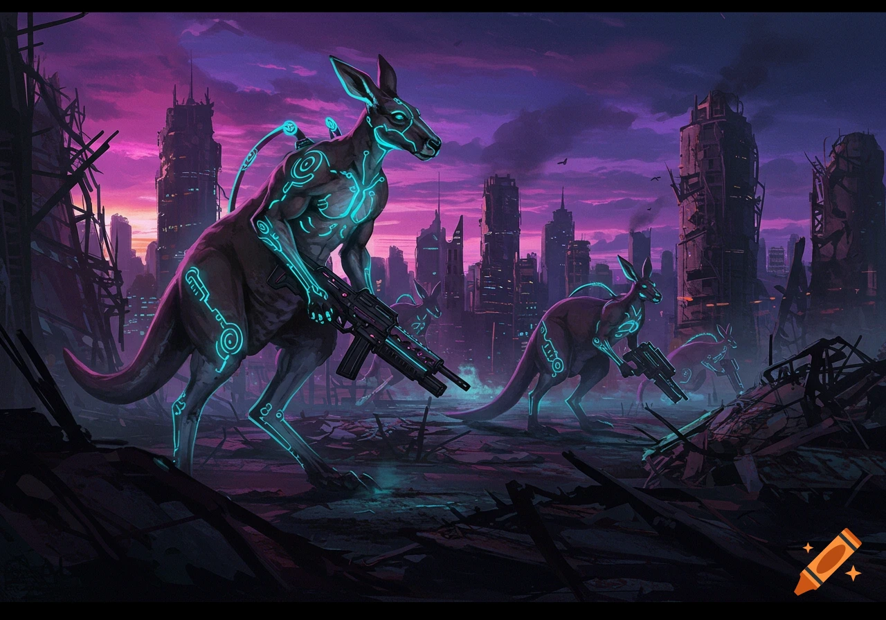 Cyborg kangaroos with glowing patterns hold guns in a ruined futuristic ...