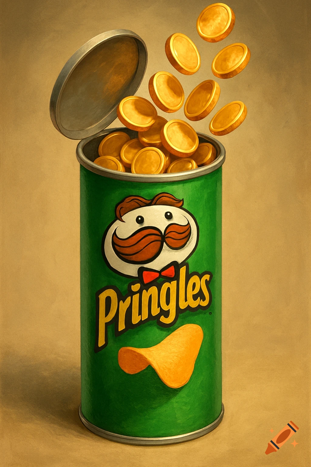 Stylized illustration of a green Pringles can with golden coins ...
