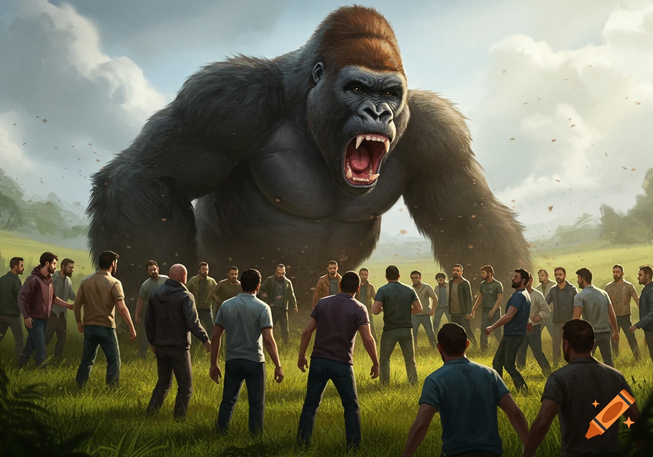 A giant roaring gorilla faces a crowd of men in a grassy field. on Craiyon