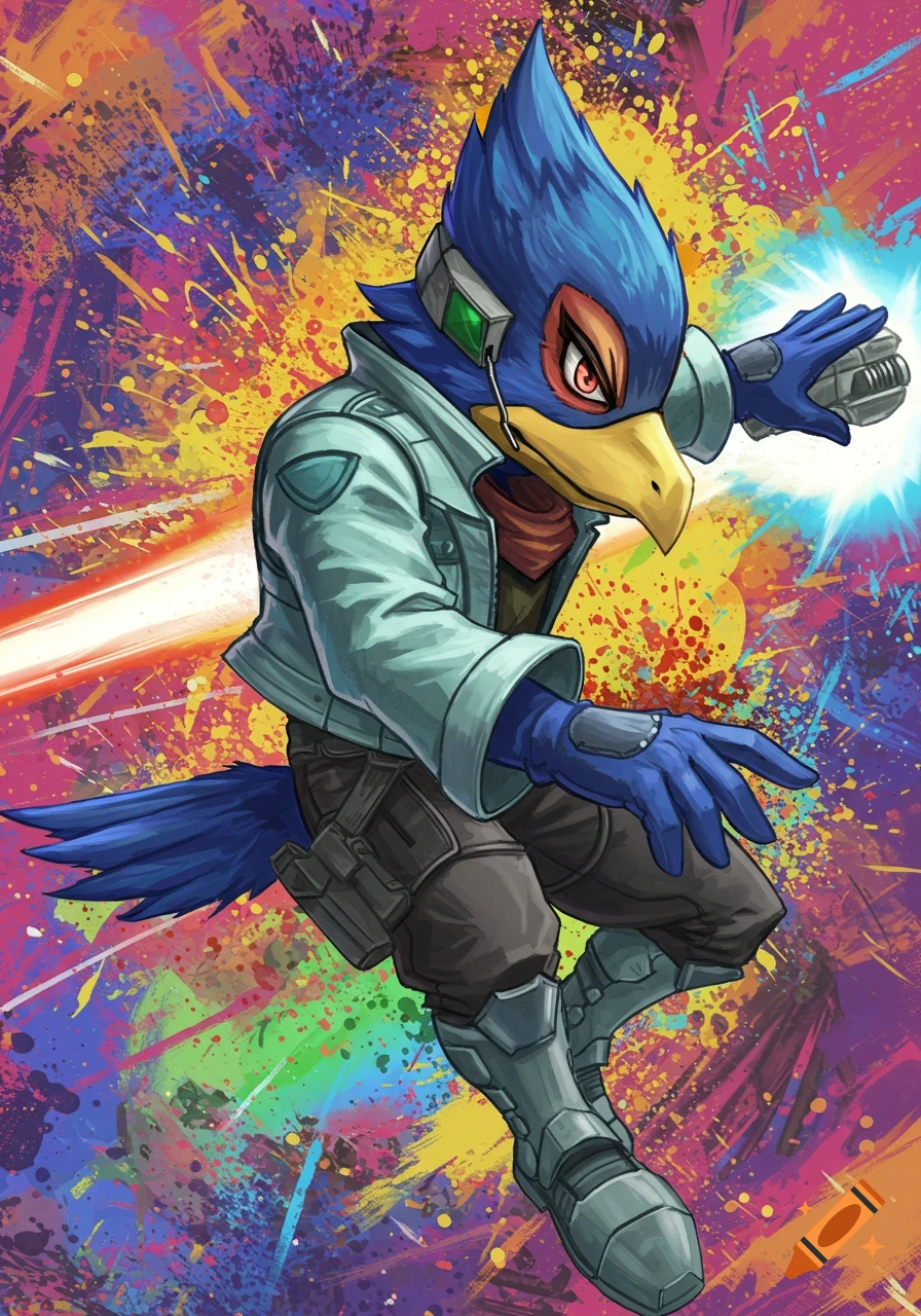 Falco from Super Smash Bros in a dynamic pose with a colorful ...