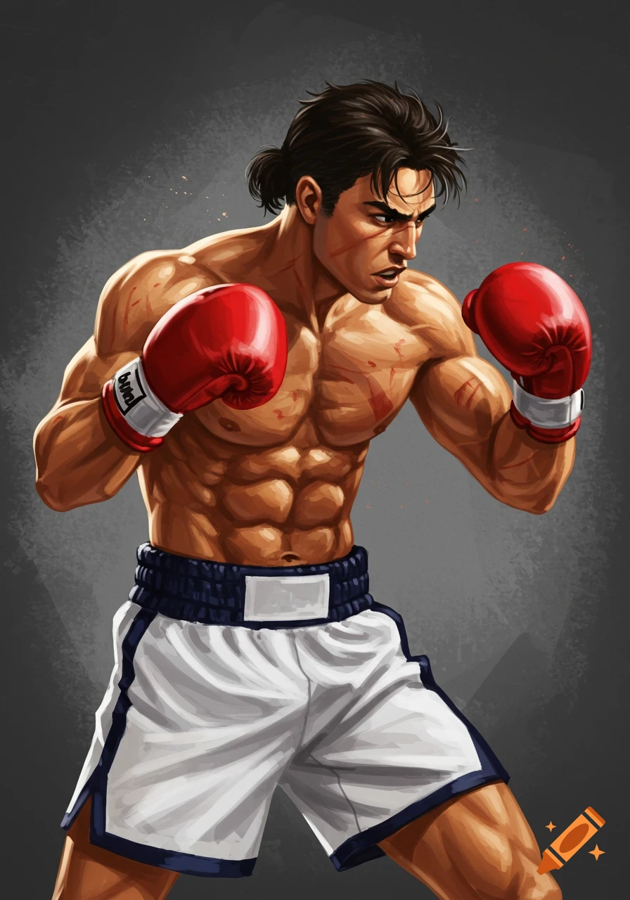 Illustration of a muscular male boxer in red gloves and white shorts in ...