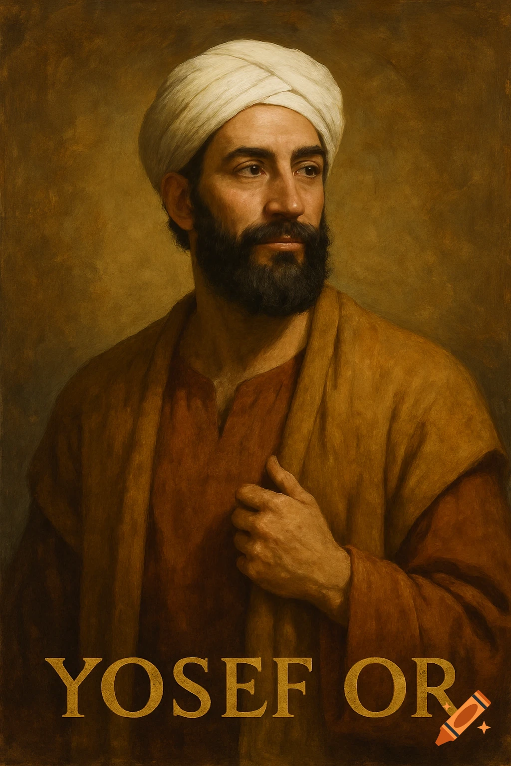Painting of a bearded man in a turban and robe, with the text YOSEF OR below. on Craiyon
