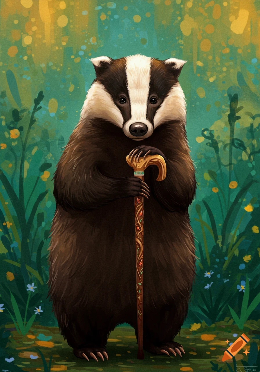 Painterly illustration of a badger standing in a forest and holding a ...