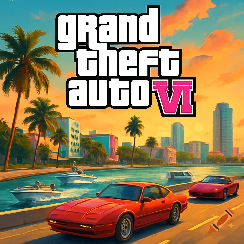 Grand Theft Auto VI art featuring cars, boats, city, and palm trees at ...