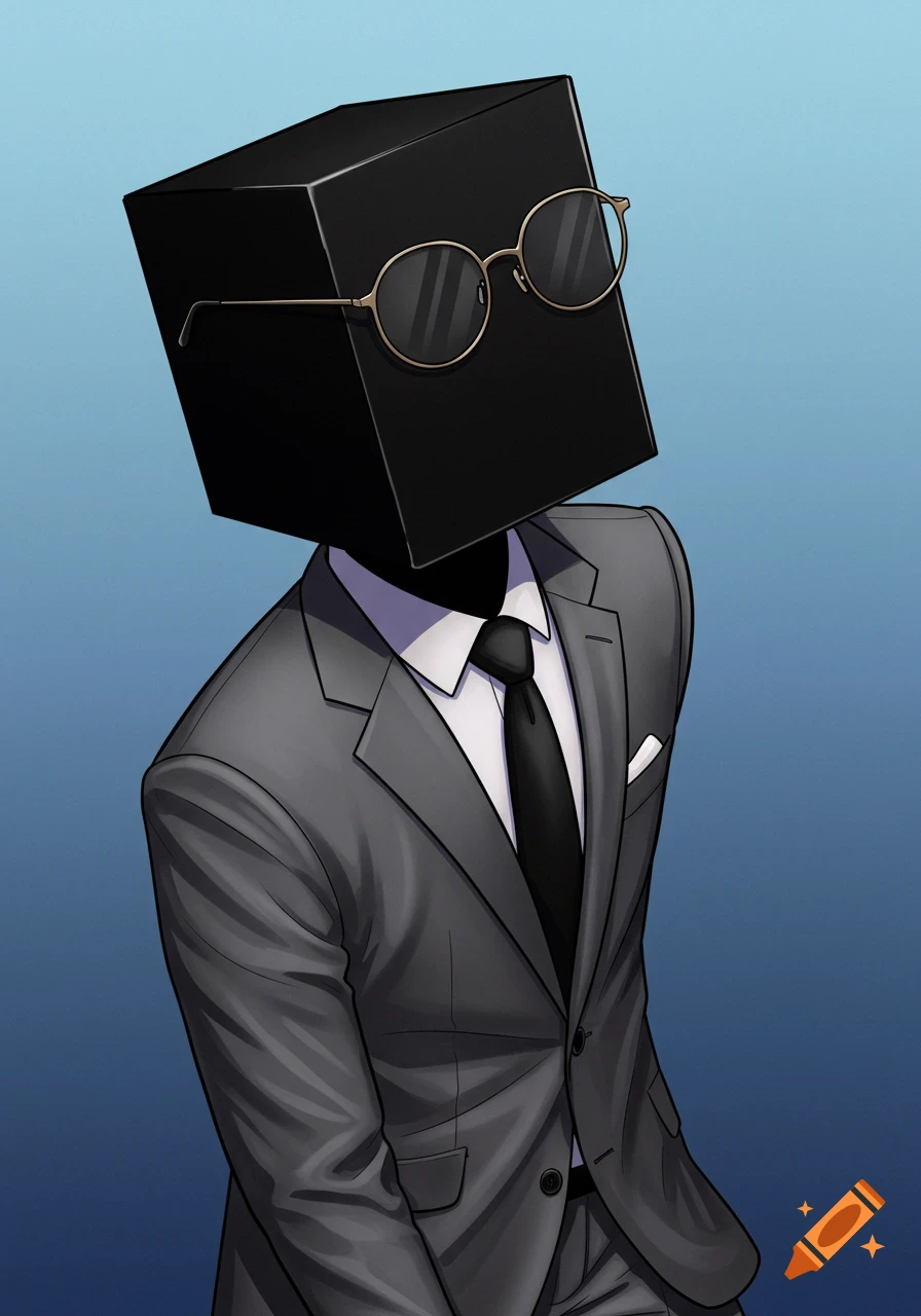 An illustration of a figure with a black box head and glasses, wearing ...