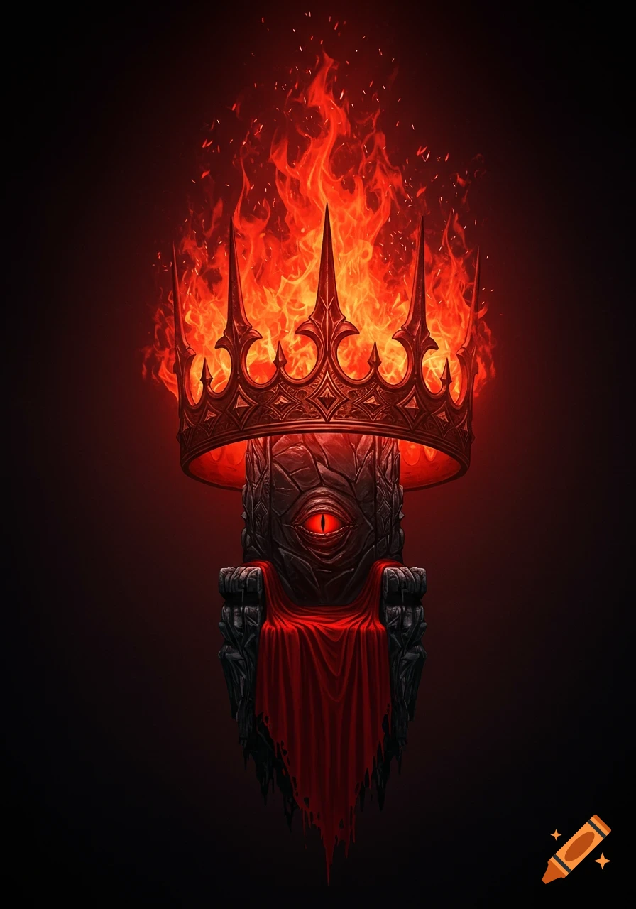 A dark fantasy throne with a flaming crown and a single red eye. on Craiyon