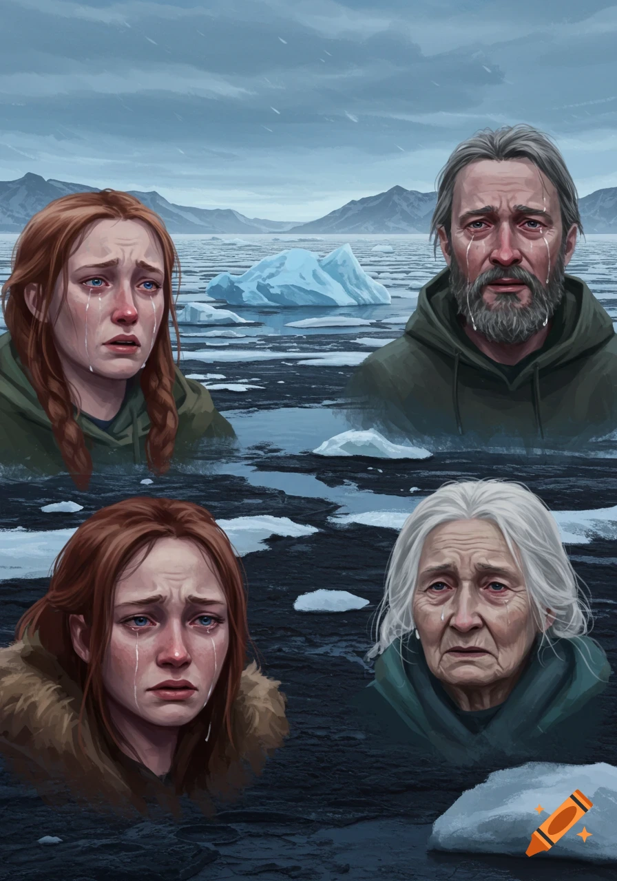 Four people crying in a cold, icy landscape. on Craiyon