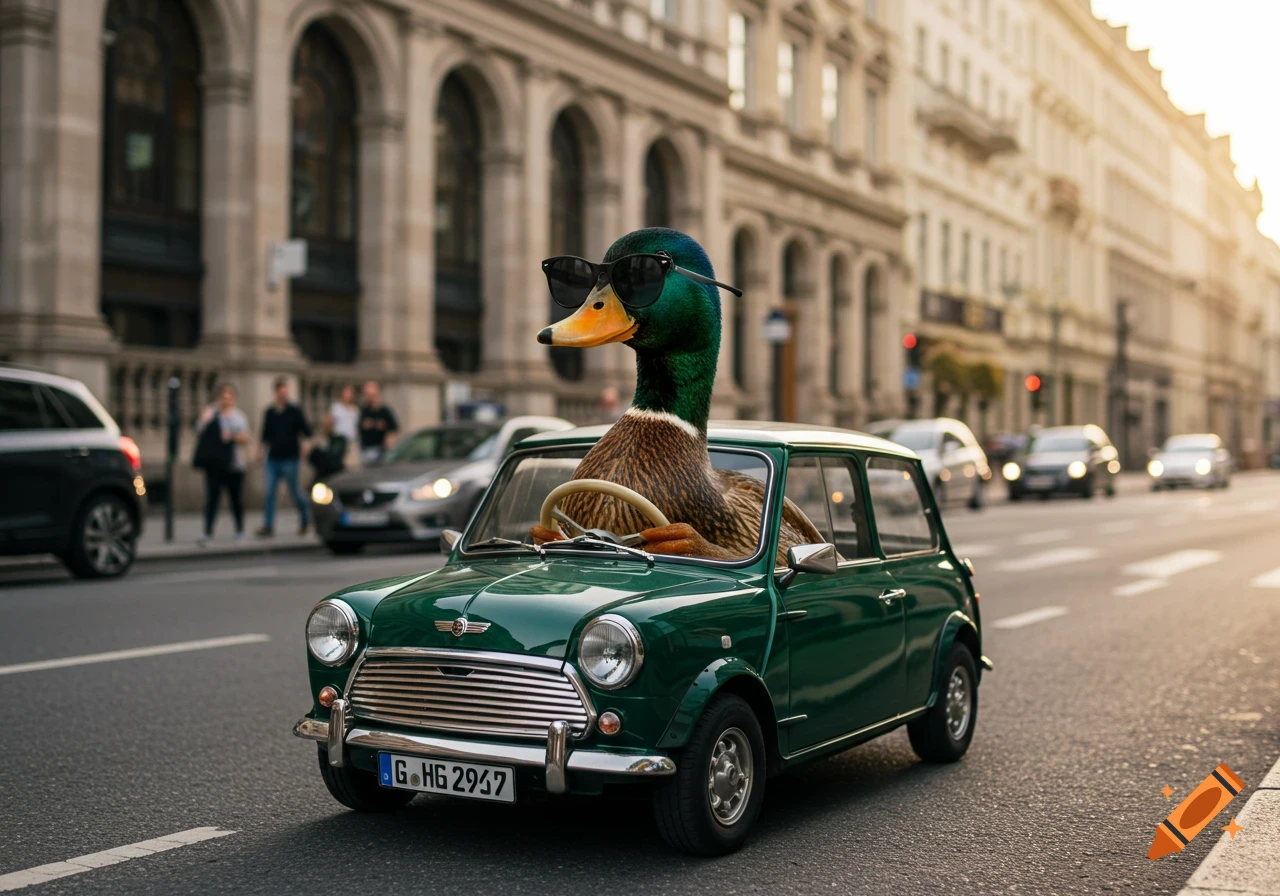 A duck wearing sunglasses drives a green Mini Cooper on a city street ...