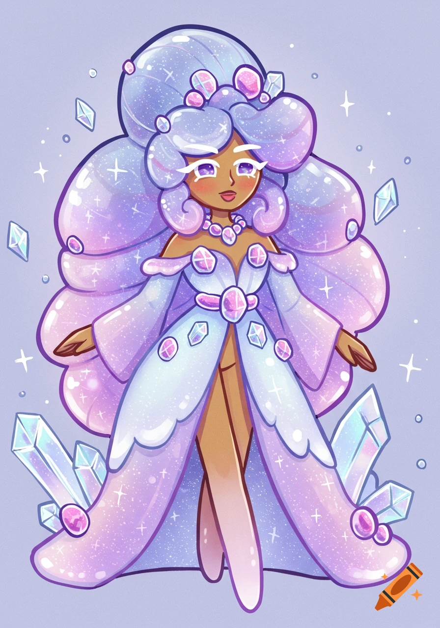 A stylized fantasy character resembling a cookie, with long sparkly ...