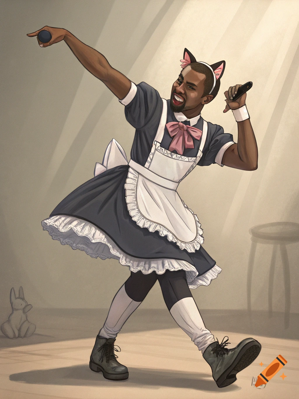 Caricature illustration of Kanye West in a maid outfit and cat ears ...
