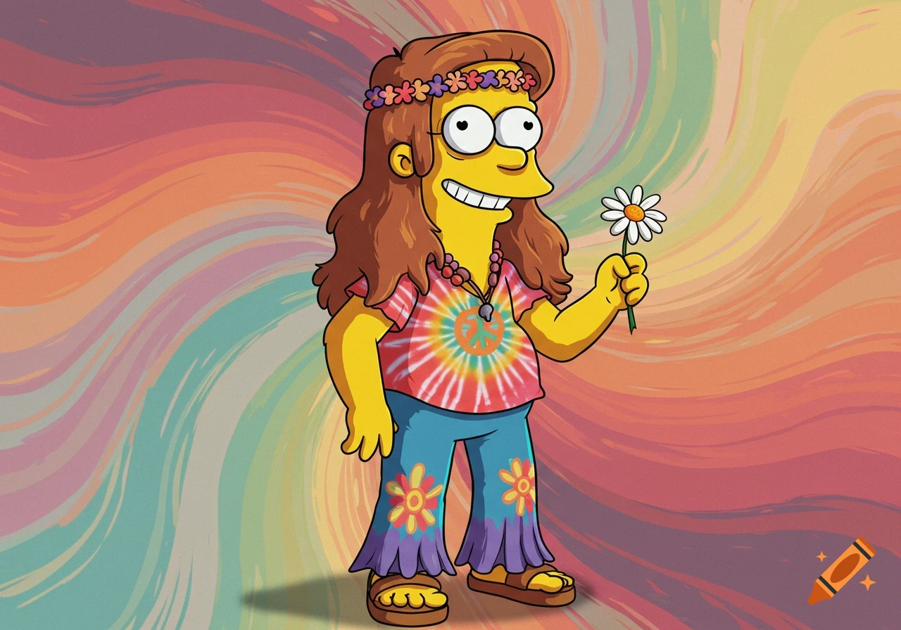 A Simpsons-style character dressed as a hippie, holding a daisy ...