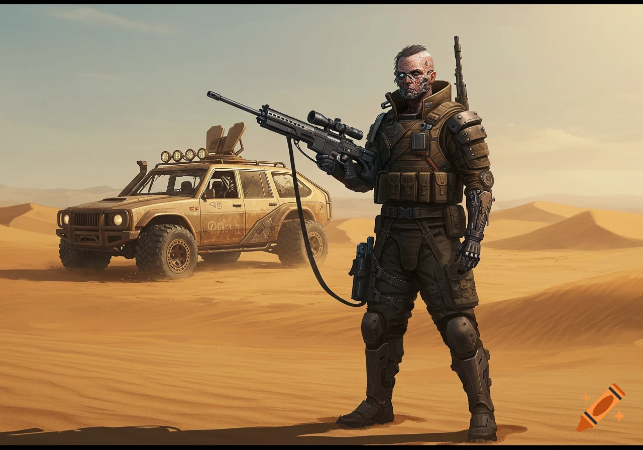 Dystopian soldier with cybernetics holds a sniper rifle in a desert ...