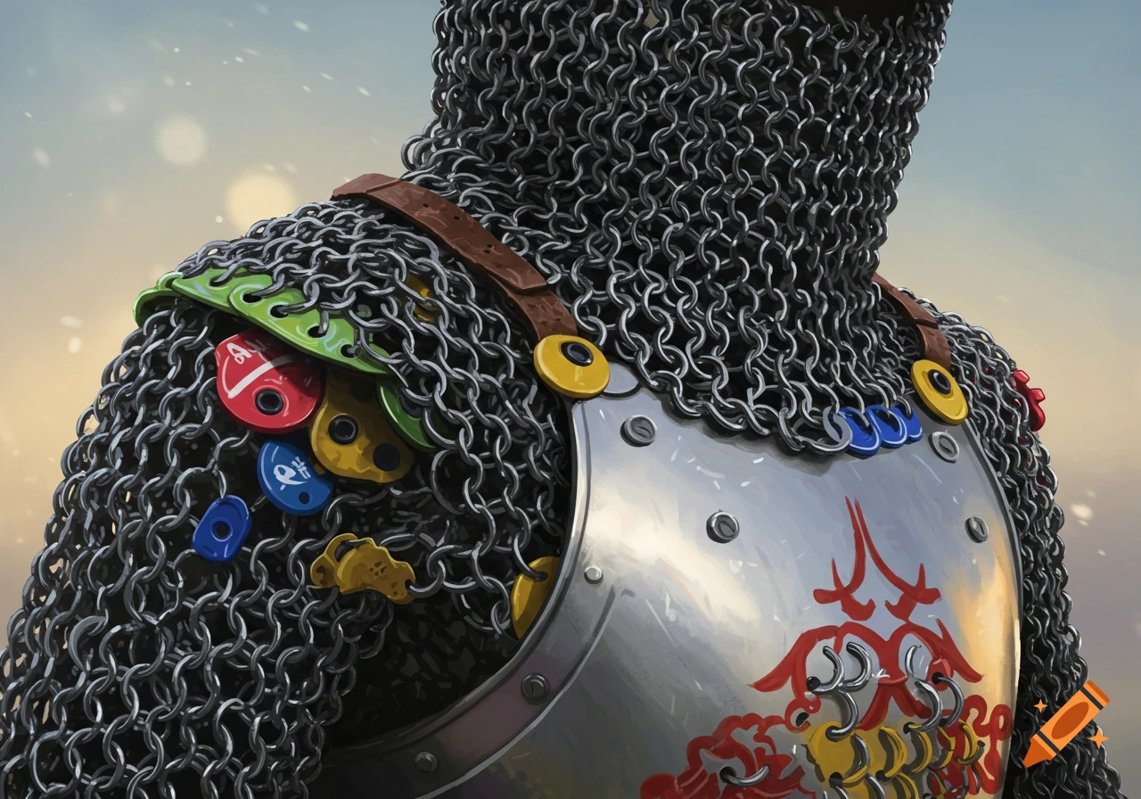 Close up of chainmail armor decorated with colorful 'pop top' objects. on Craiyon