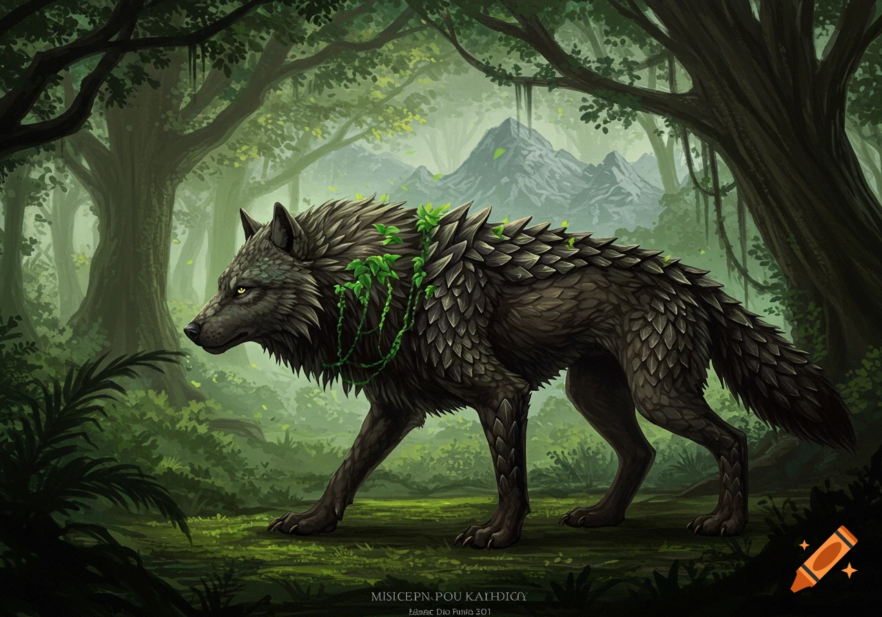 Fantasy creature resembling an armored wolf covered in vines, walking ...
