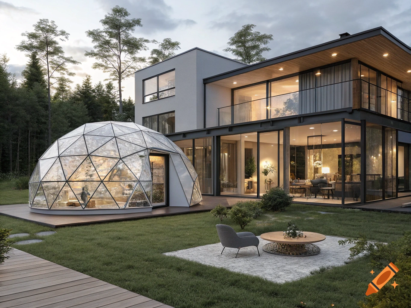 A modern house with large windows next to a geodesic dome in a garden ...