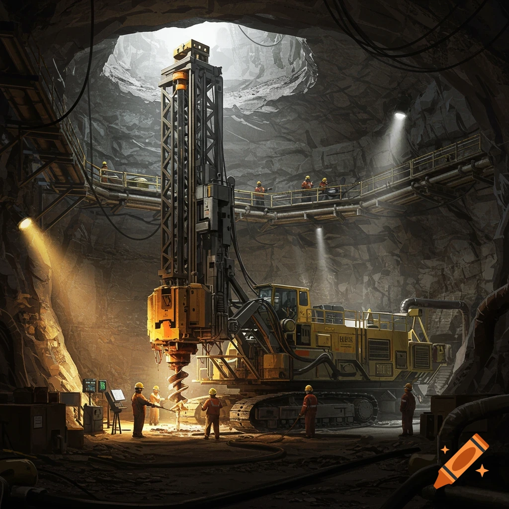 A large yellow drilling rig is operating in a dark underground mine ...