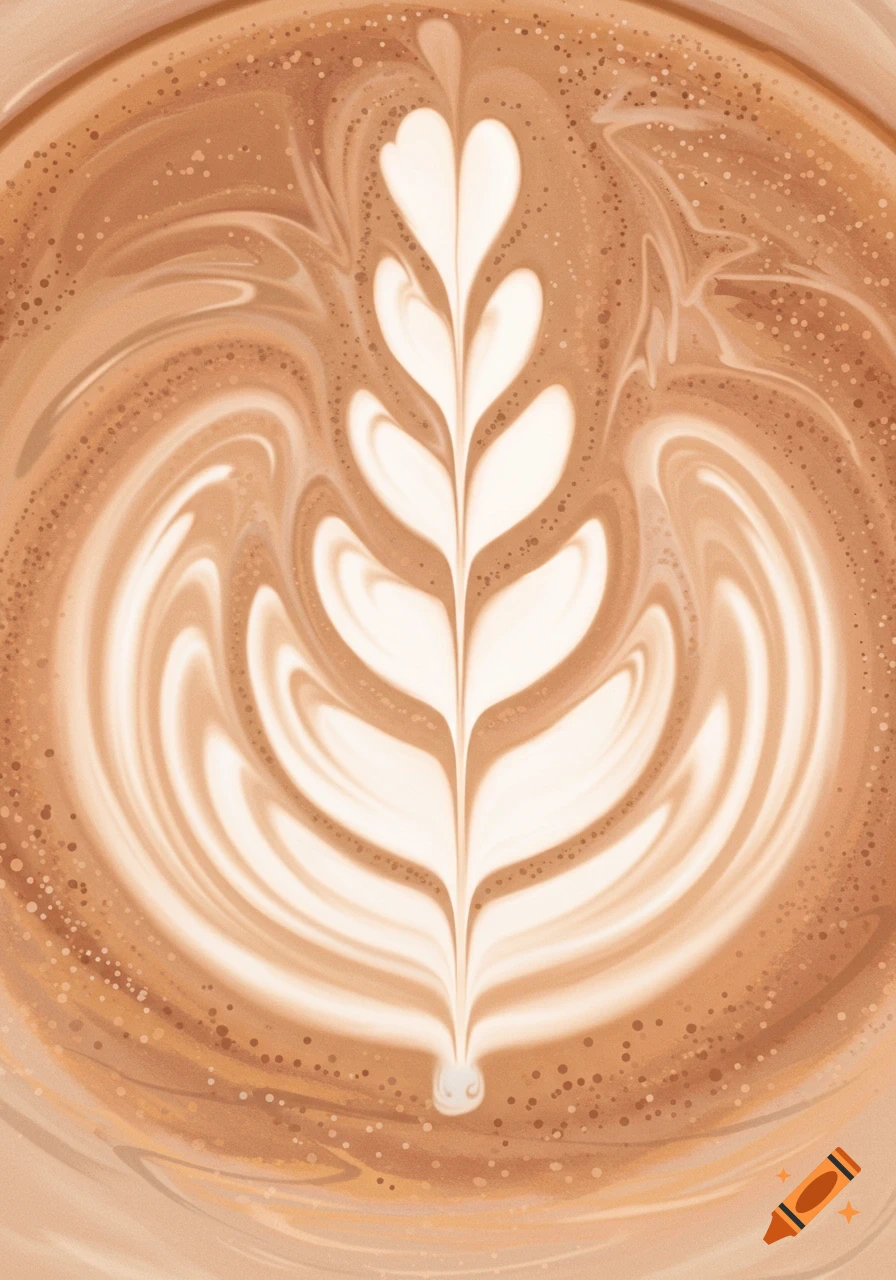 Close-up of coffee latte art showing a white foam pattern in brown liquid. on Craiyon