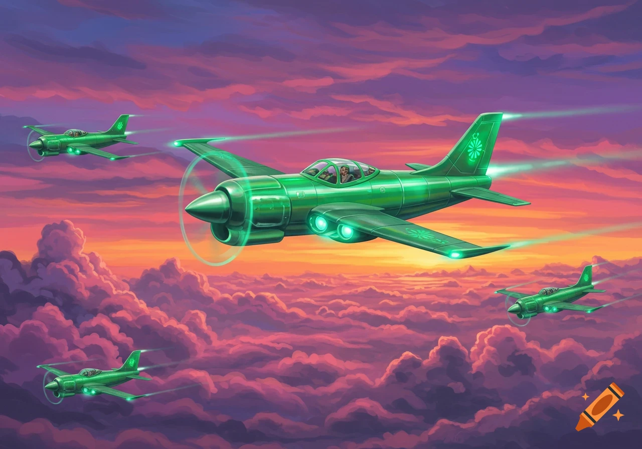 Emerald green airplanes fly through a vibrant purple and orange cloudy ...