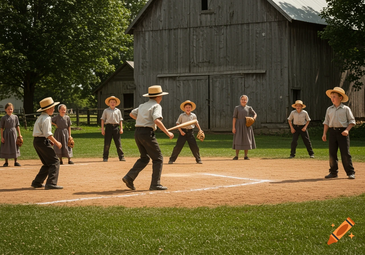 Amish children play baseball on a dirt field near a barn. on Craiyon