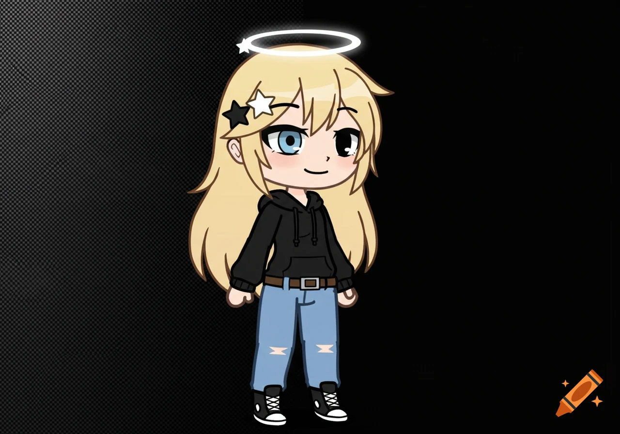 Gacha character with blonde hair, halo, mismatched blue and dark eyes ...