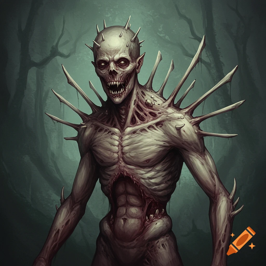 Humanoid monster with bone spikes and exposed chest in a dark forest ...