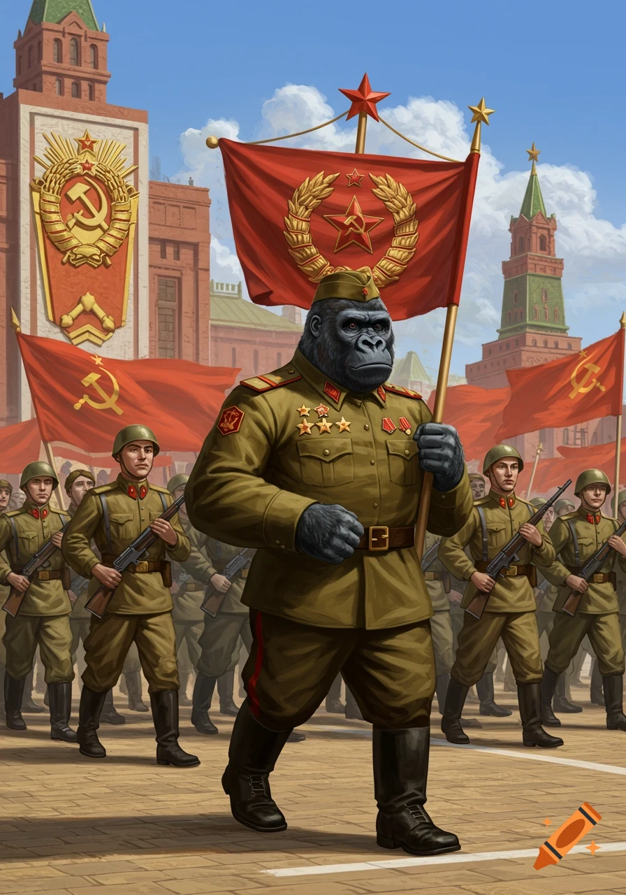 A gorilla in a Soviet general's uniform leads a parade with soldiers ...