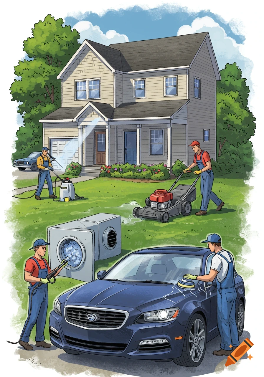 Illustration of people pressure washing a house, mowing a lawn, and ...