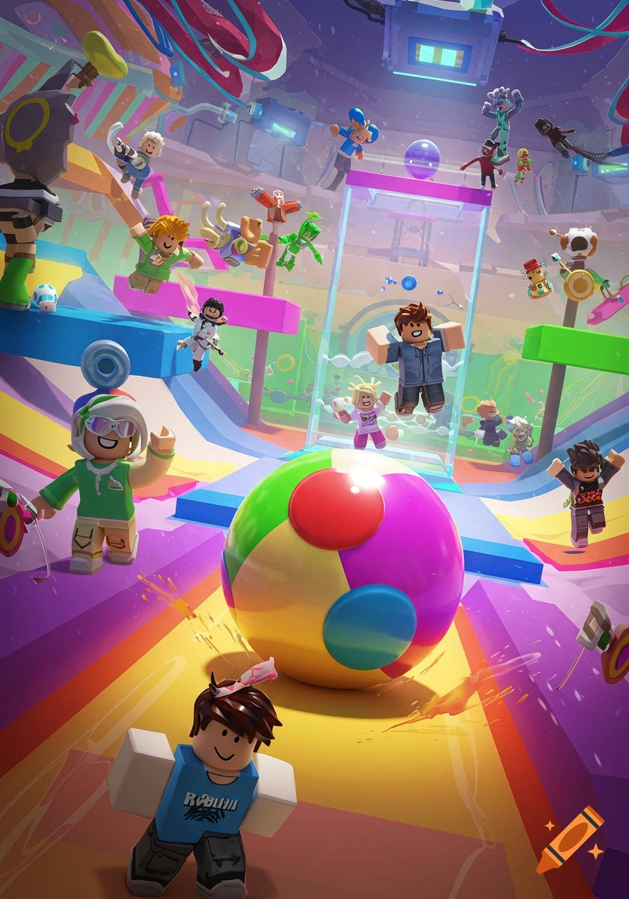 Blocky cartoon characters play with a giant beach ball in a bright ...
