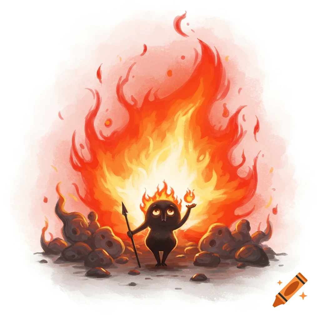 Cartoon creature with fire on its head stands before a large fire ...