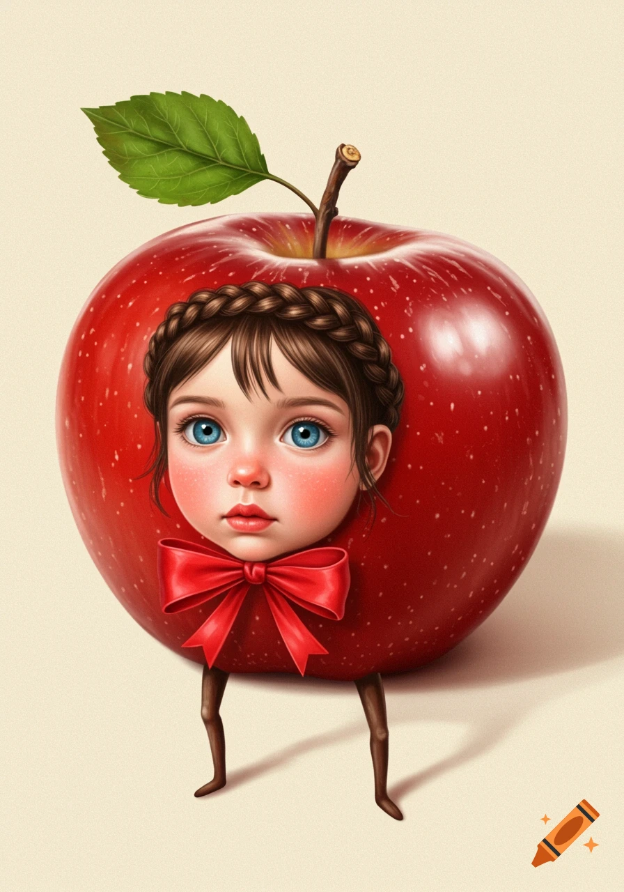 Stylized illustration of a red apple with a girl's face, red bow, and ...
