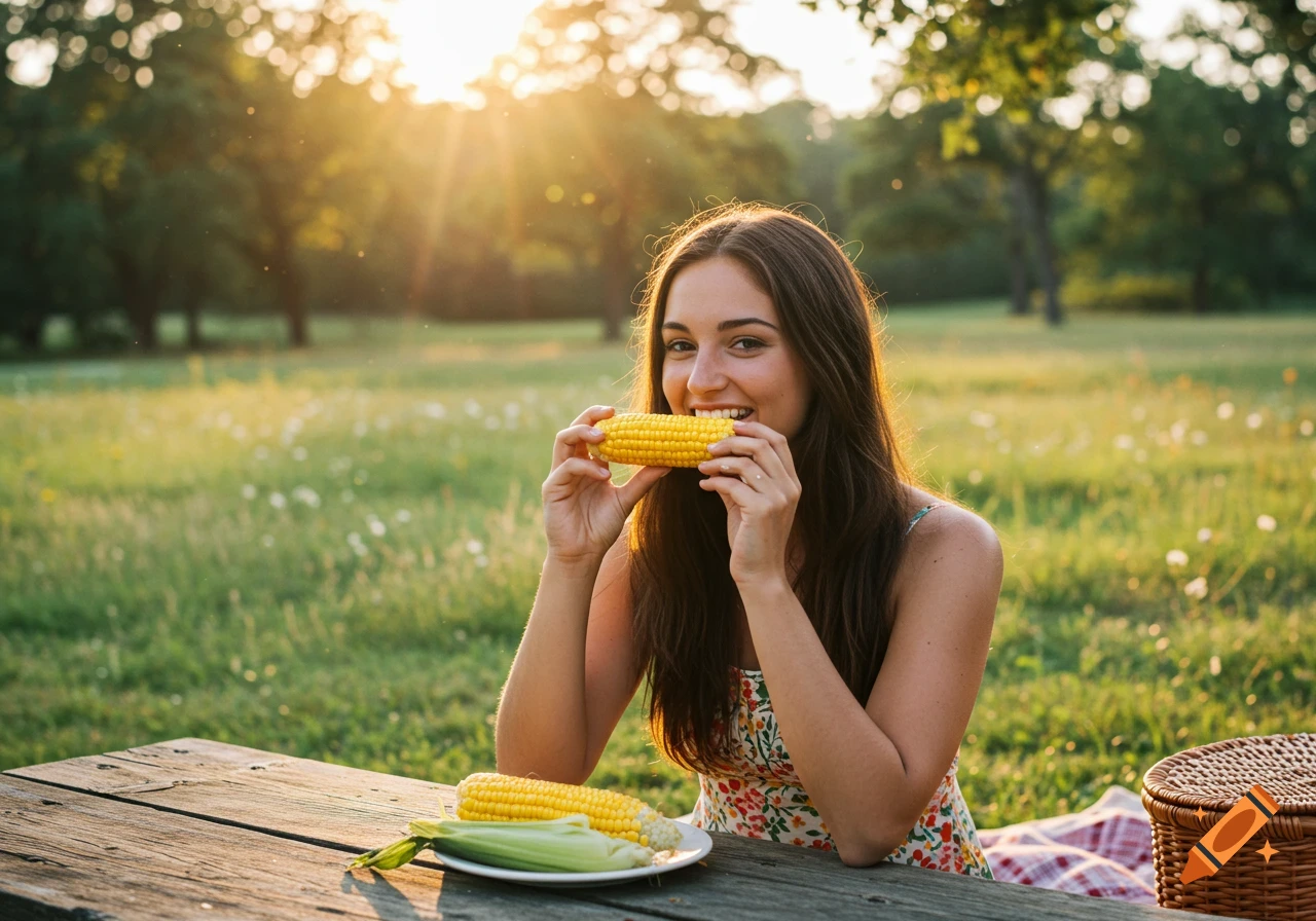 Woman eating corn at a picnic table in a sunny field. on Craiyon