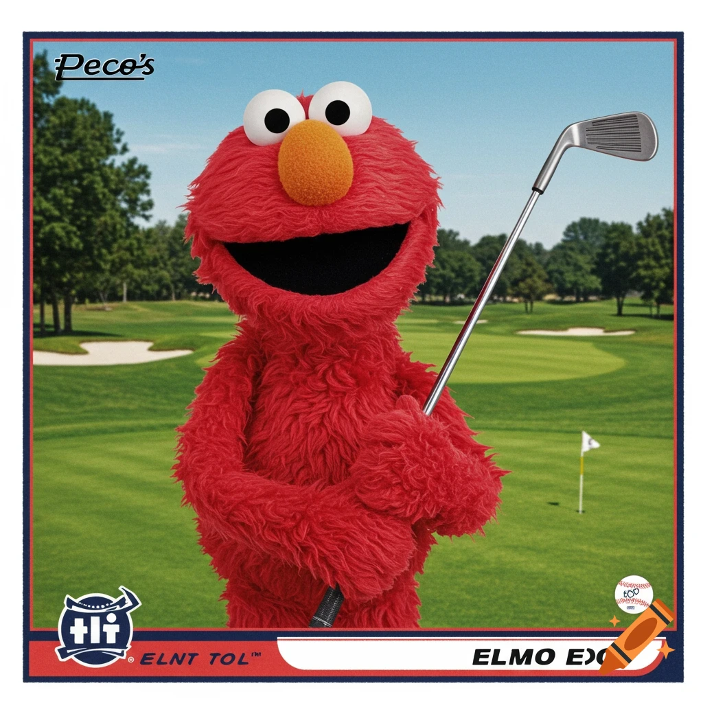 Elmo on a baseball card holding a golf club on a golf course. on Craiyon