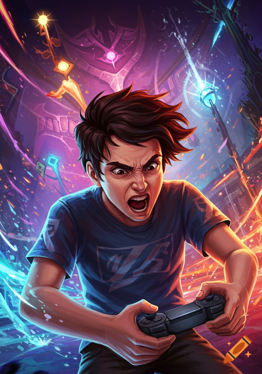 An intense young person grips a controller, playing a vibrant video ...