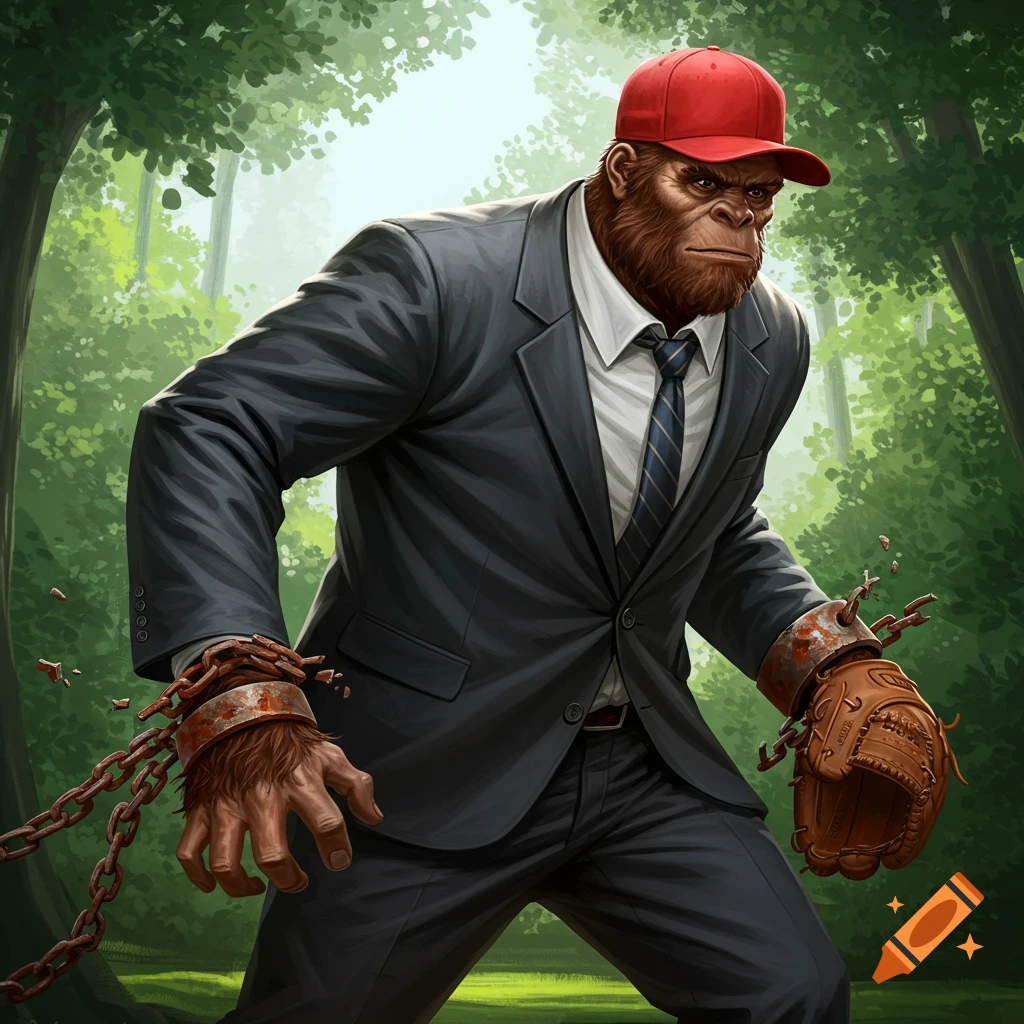 A large, hairy creature wearing a suit and red cap, with broken chains ...