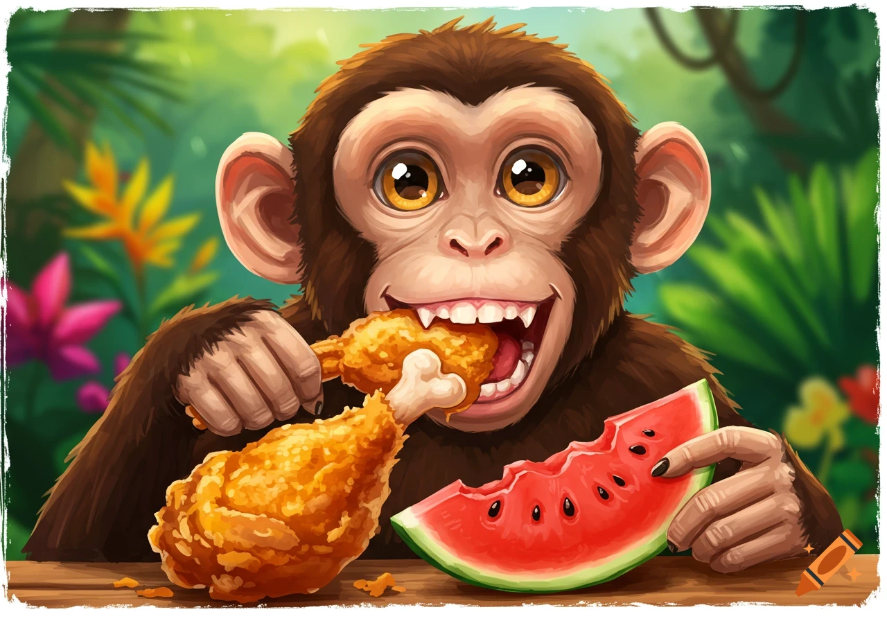 Cartoon monkey eating fried chicken and watermelon in jungle on Craiyon