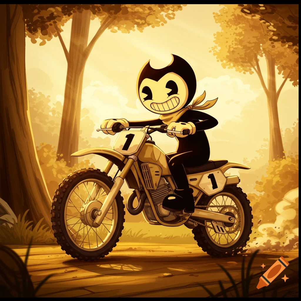 A cartoon character resembling Bendy rides a yellow dirt bike through a ...