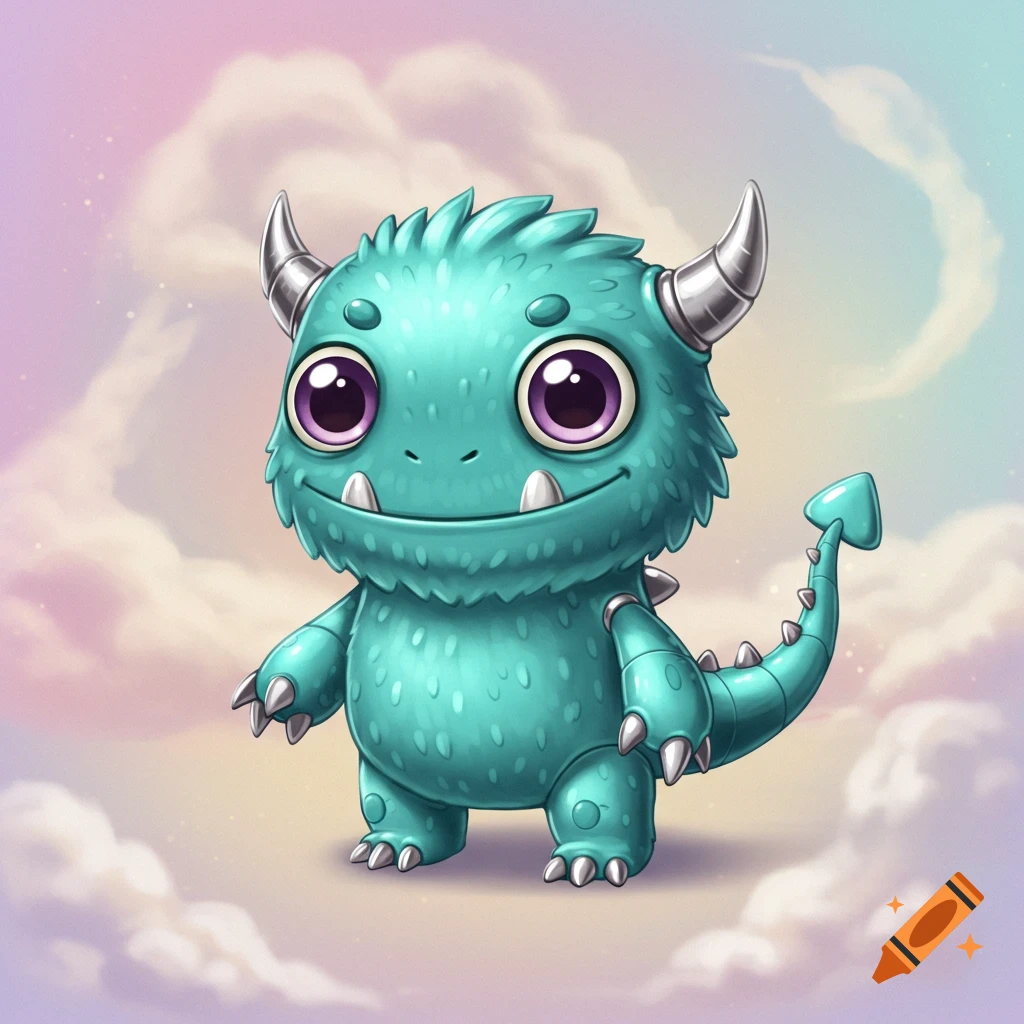 A cute teal fuzzy monster with metal arms, tail, and horns stands in ...