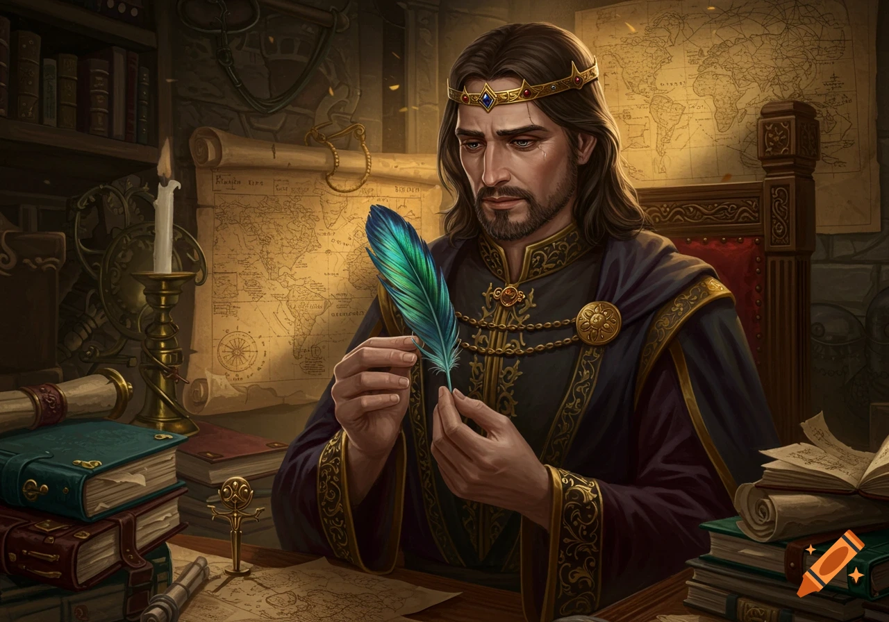 Fantasy king in a study looks at a feather, surrounded by maps and ...