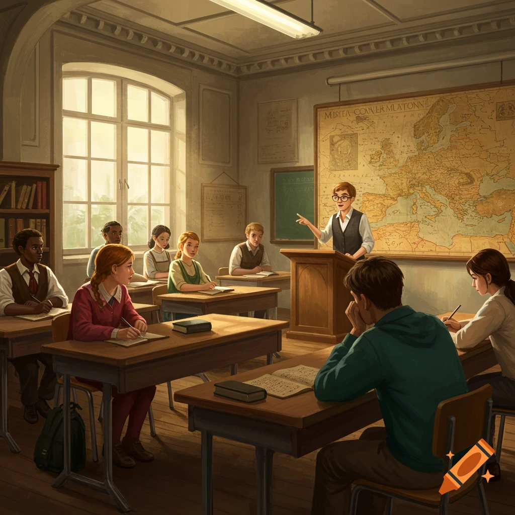 A teacher points to a large map of Europe while standing at a podium in ...