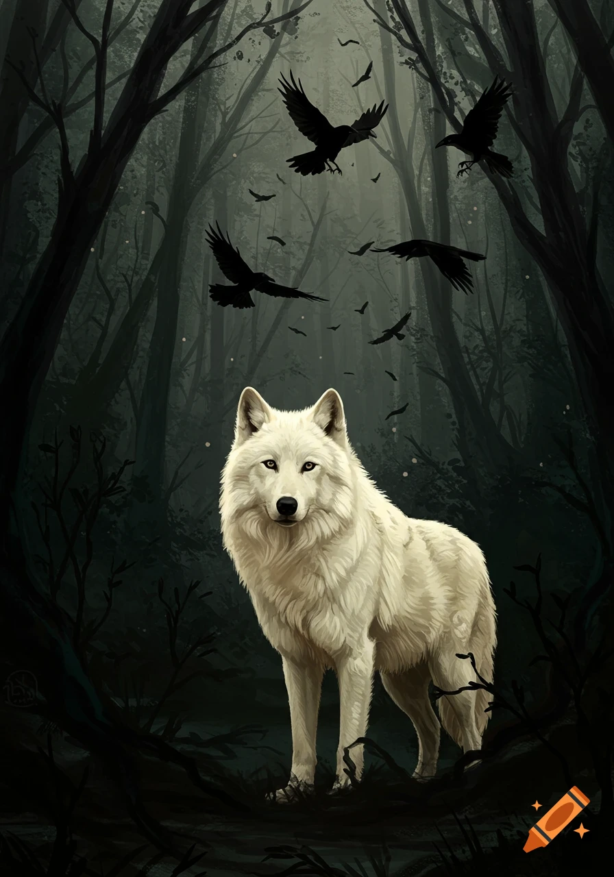 A white wolf stands in a dark, moody forest with several crows flying ...