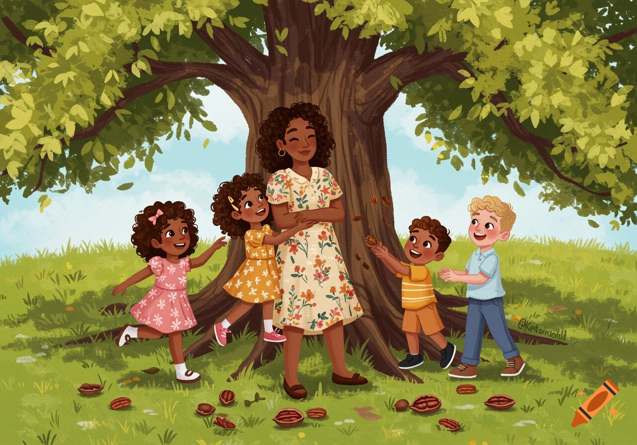 Illustration of a mother and four children playing and gathering nuts ...