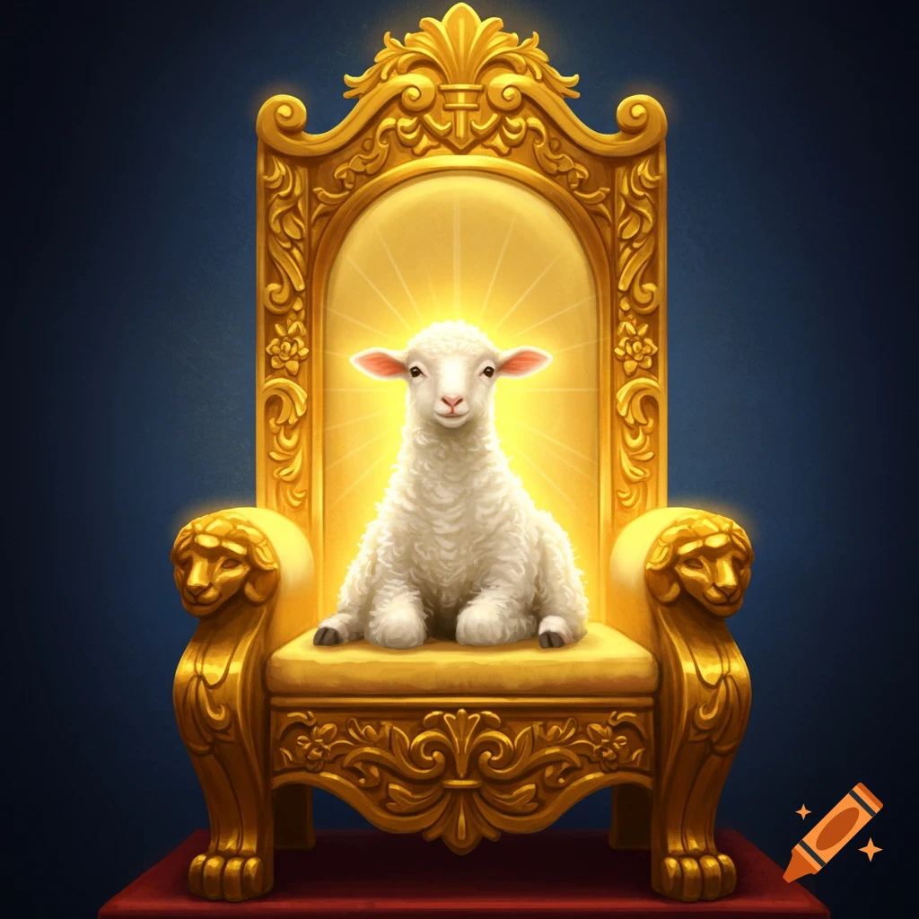 A glowing white lamb sits on an ornate golden throne. on Craiyon