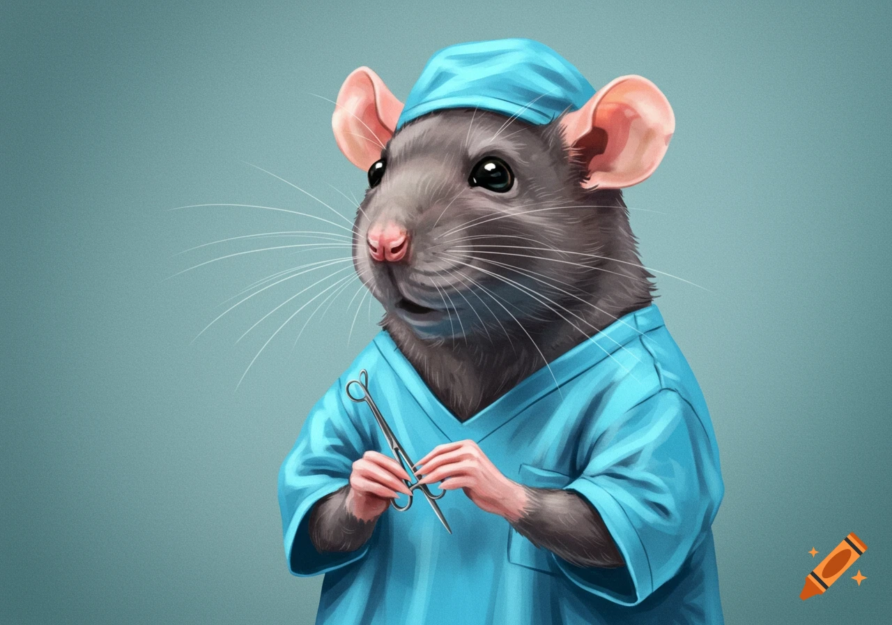 Illustration of a rat wearing blue surgical scrubs and holding surgical ...