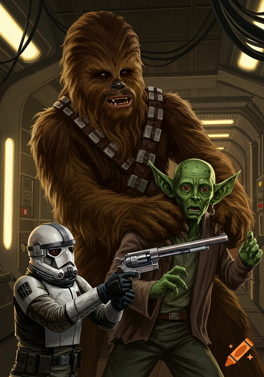 A Wookie, a green alien holding a revolver, and a stormtrooper in a sci ...