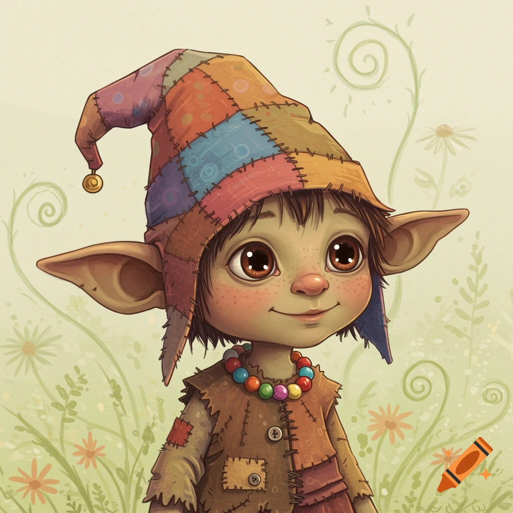Childlike fantasy creature in patchwork hat and necklace, illustration ...