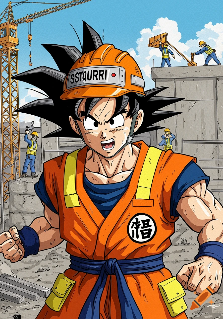 Goku from Dragon Ball wearing a construction hat and vest at a building ...